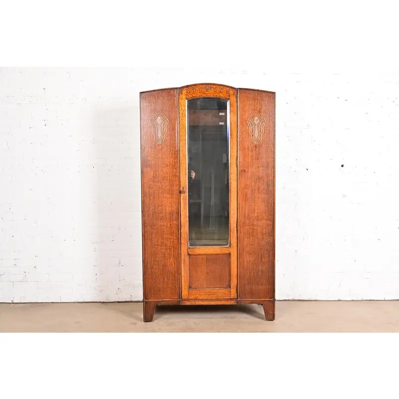 Antique English Art Nouveau Carved Oak Mirrored Armoire, | Liberty ...
