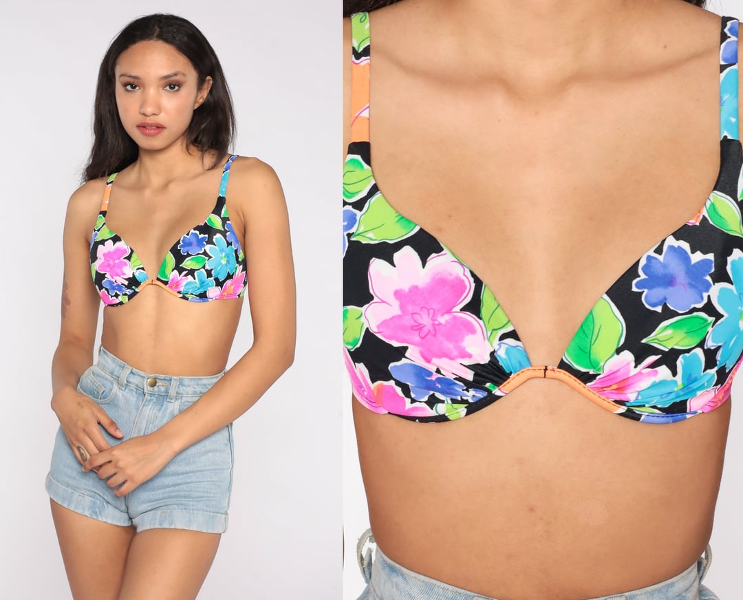 80s Bikini Top Neon Floral Print Swimsuit Baywatch Bathing Suit Shop