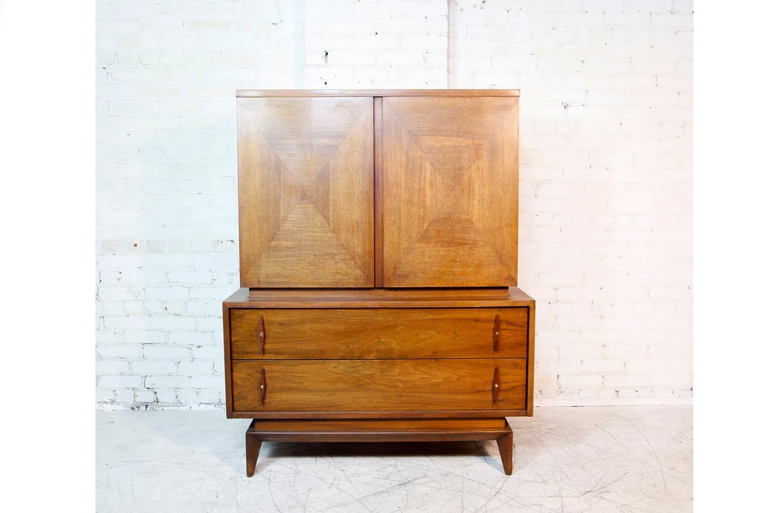 Vintage MCM tallboy dresser with diamond veneer details of the | Omasa Projects | Bushwick ...