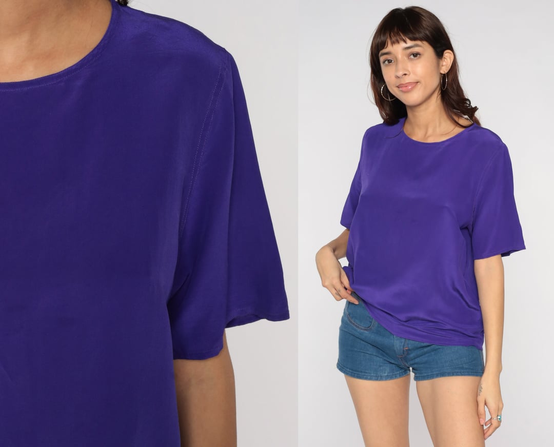 Purple Silk Shirt Short Sleeve Top Plain T-Shirt Minimalist Normcore ...