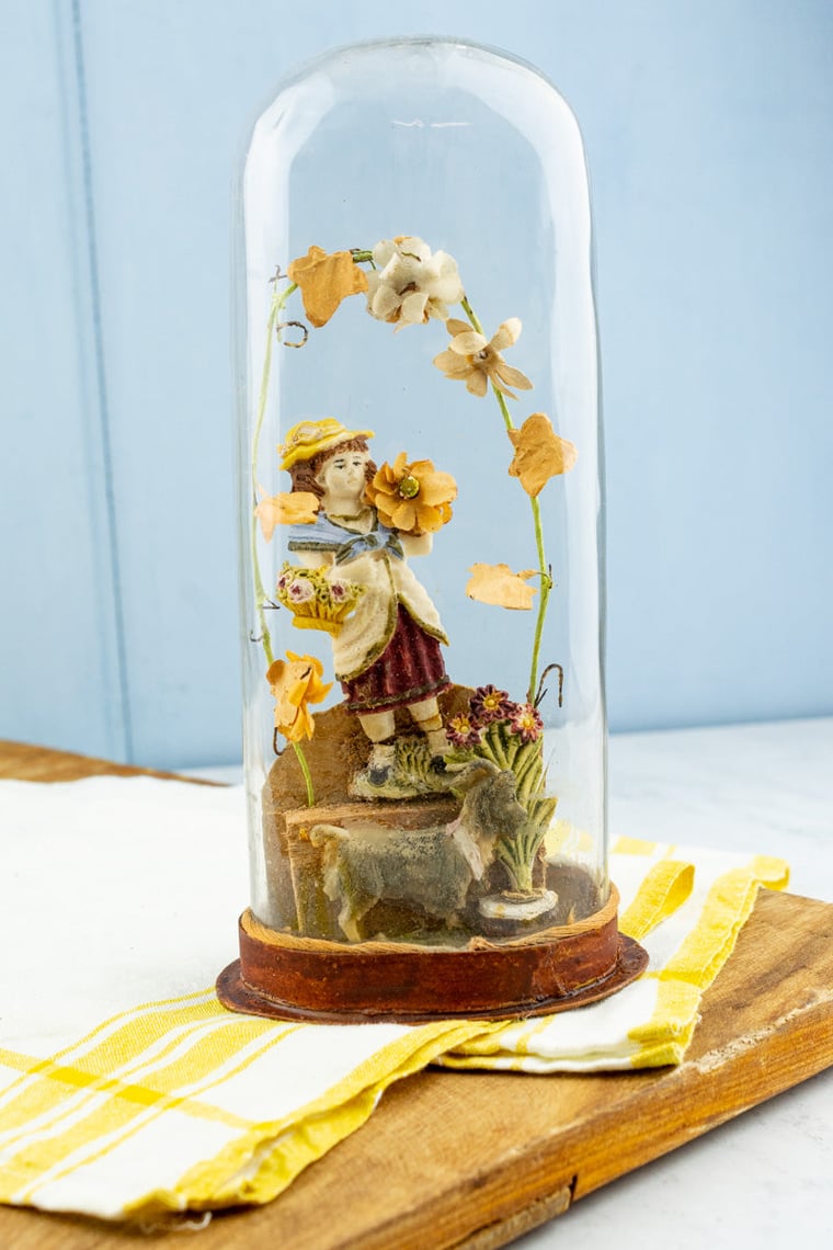 Antique Miniature Wax Diorama Under Glass Dome - Girl Picking | Posh ...