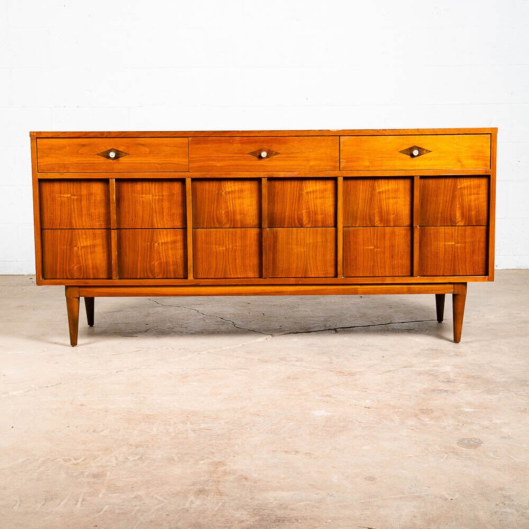 Mid Century Danish Modern Credenza Dresser Basic Witz Walnut 9 Drawer ...