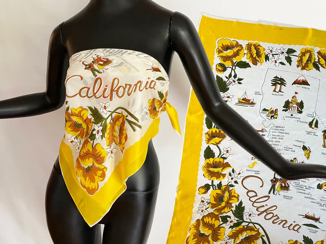 Vintage CALIFORNIA Scarf | 100% Rayon Souvenir 1950s 60s Map Design ...