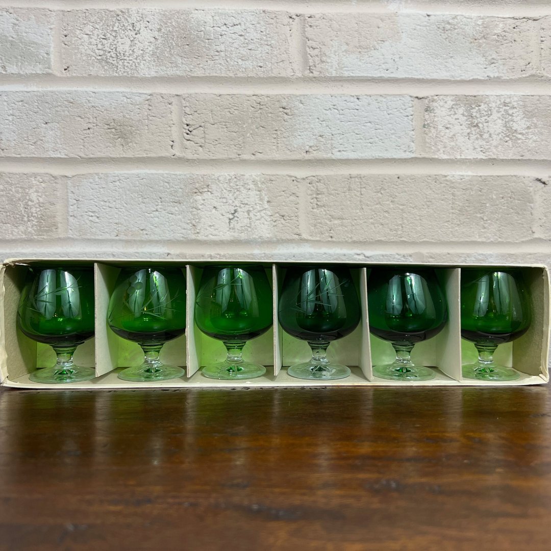 Japanese Green Glass Cordials with Enchanting Cherry Blossom Etching ...