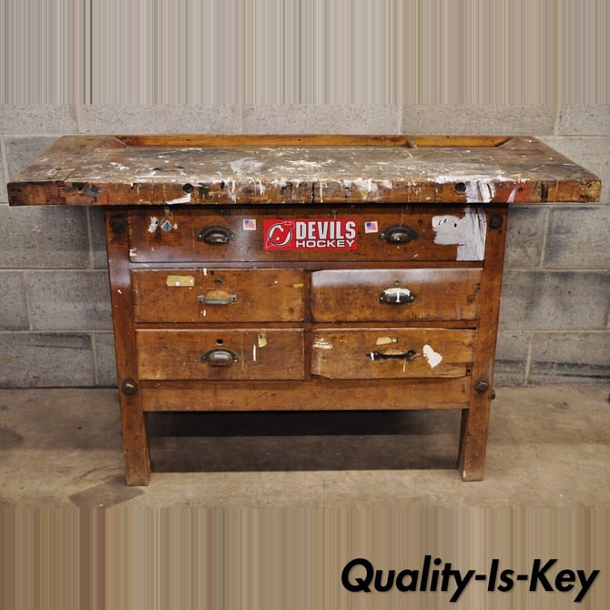 Antique American Industrial Wood Plank Distress Paint Splatter Work ...