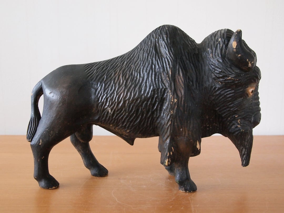 Vintage FOLK ART BISON Sculpture 15" Long, Hand-Carved Wood Black Mid ...