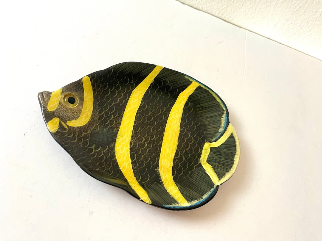 Vintage 1980s Resin Tropical Angel Fish Candy Dish Black + Yellow ...