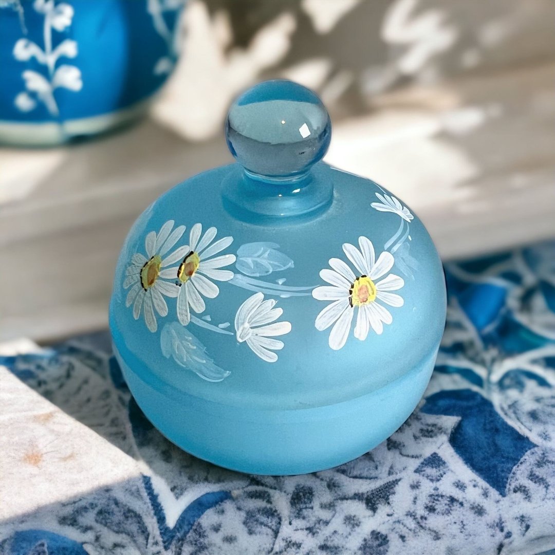 Vintage Westmoreland Glass Light Blue Mist with Daisy Puff Box | Over ...