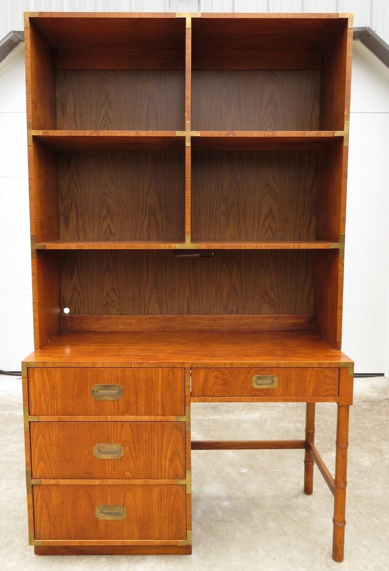 Vtg DIXIE CAMPAIGNER DESK W/ BOOKCASE HUTCH Faux Bamboo MCM | Urban ...