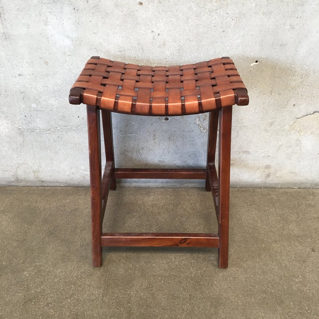 Wood & Woven Leather Backless Barstool | Urban Americana | Long Beach, CA