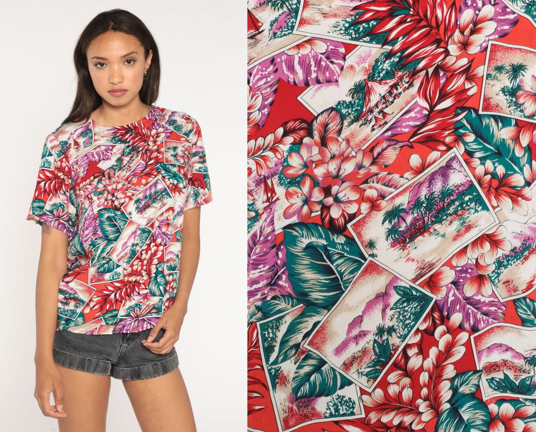 Hawaiian Shirt Red Tropical Island Shirt 80s Floral Blouse SURFER ...