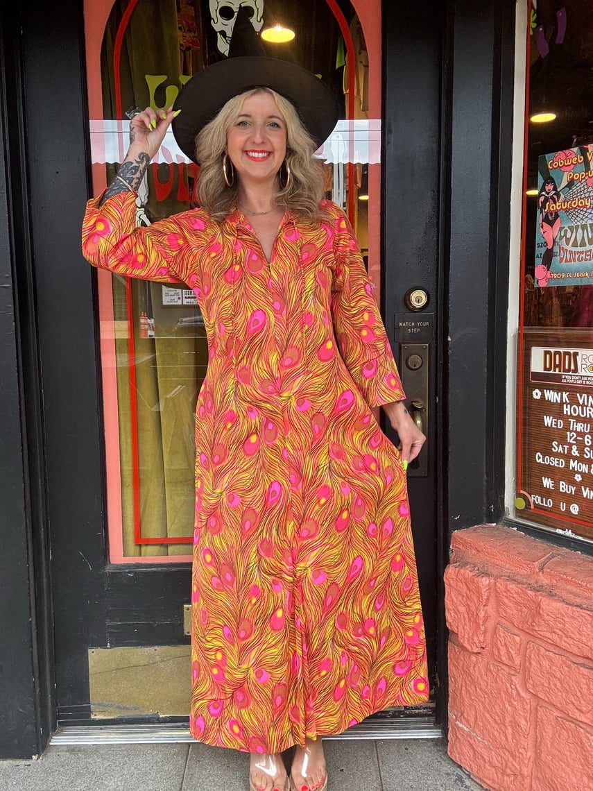 Vintage 60s/70s neon peacock maxi | Wink Vintage | Portland, OR