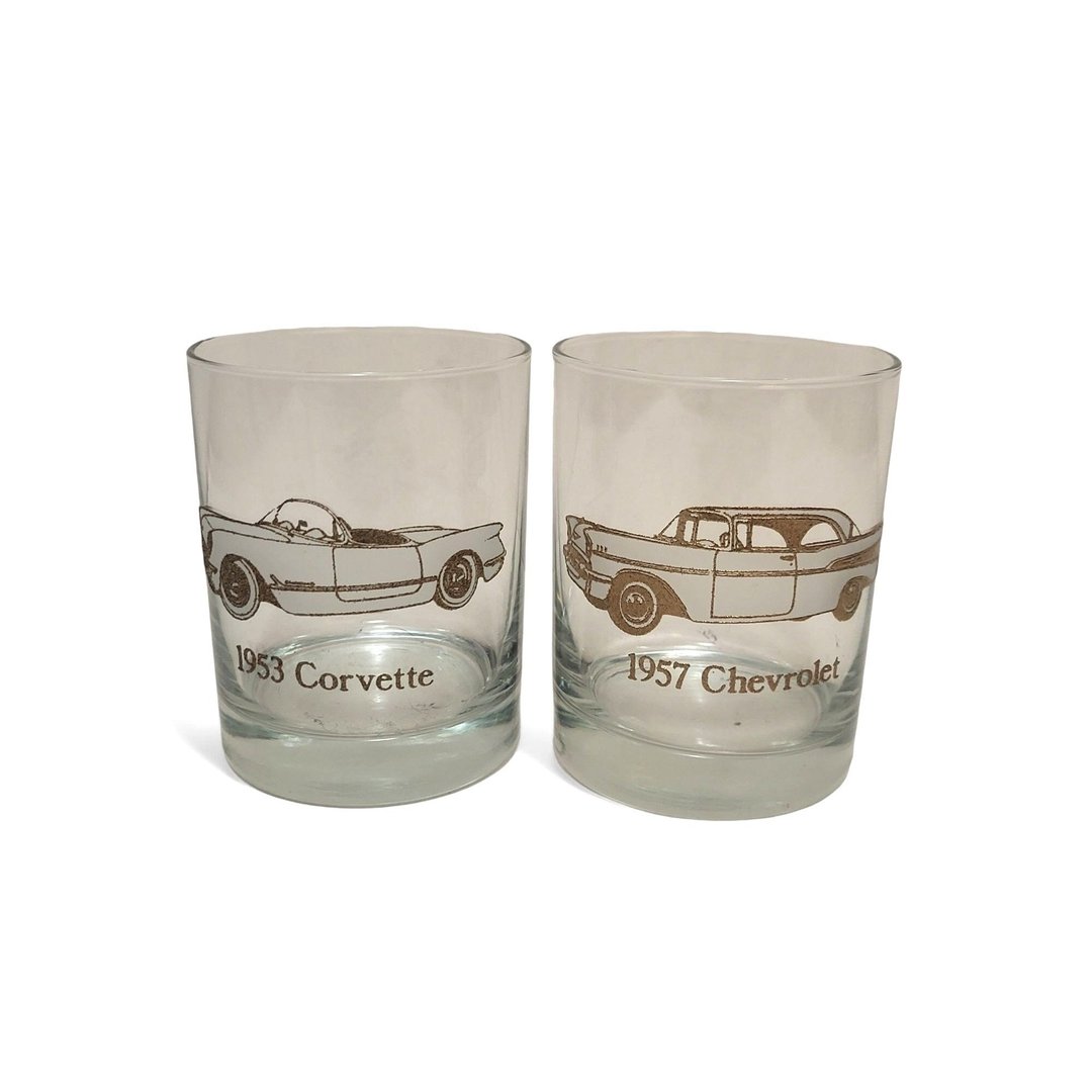 Vintage Dusseau Chevy Car Drink Glasses, 22K Gold Chevrolet Corvette ...