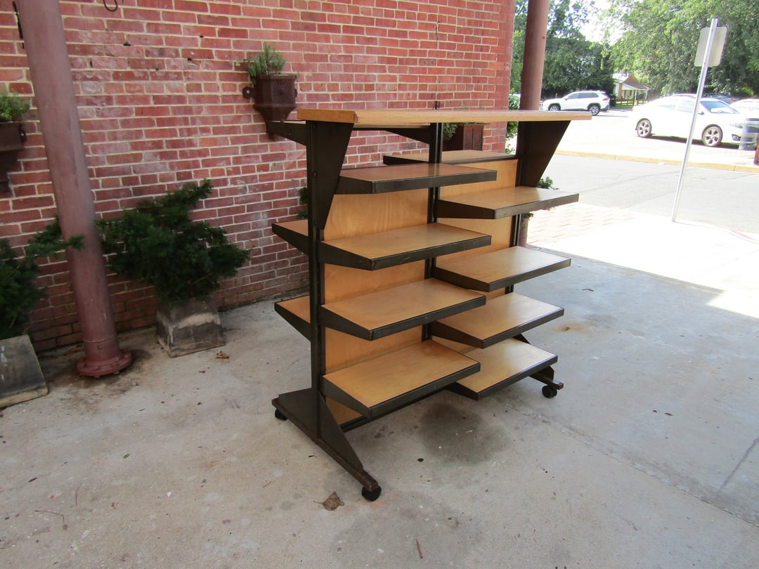 Vintage MCM steel and birch plywood rolling adjustable shelved double ...