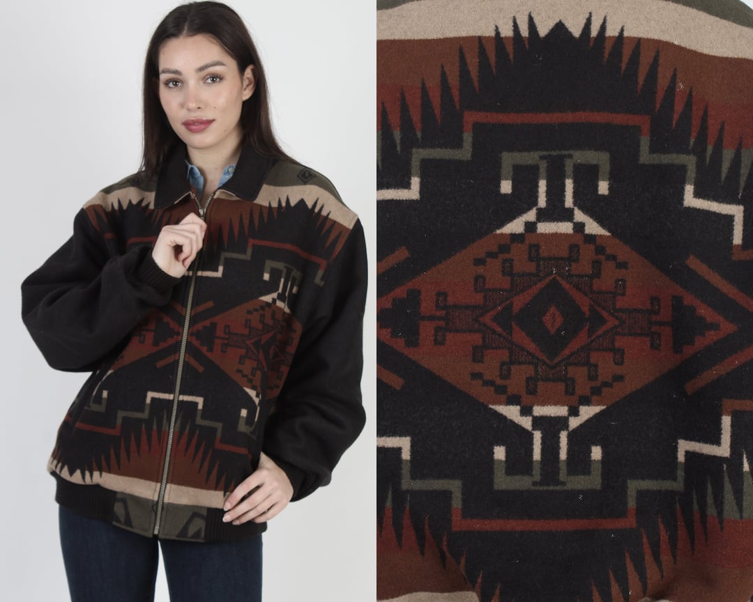 Black Wool Pendleton Jacket / Southwestern Native American Blanket Coat ...