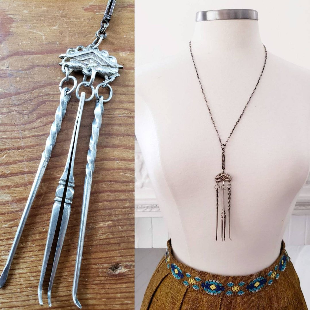 Antique Chinese Opium Implement Pendant Necklace Qing Dynasty Silver ...
