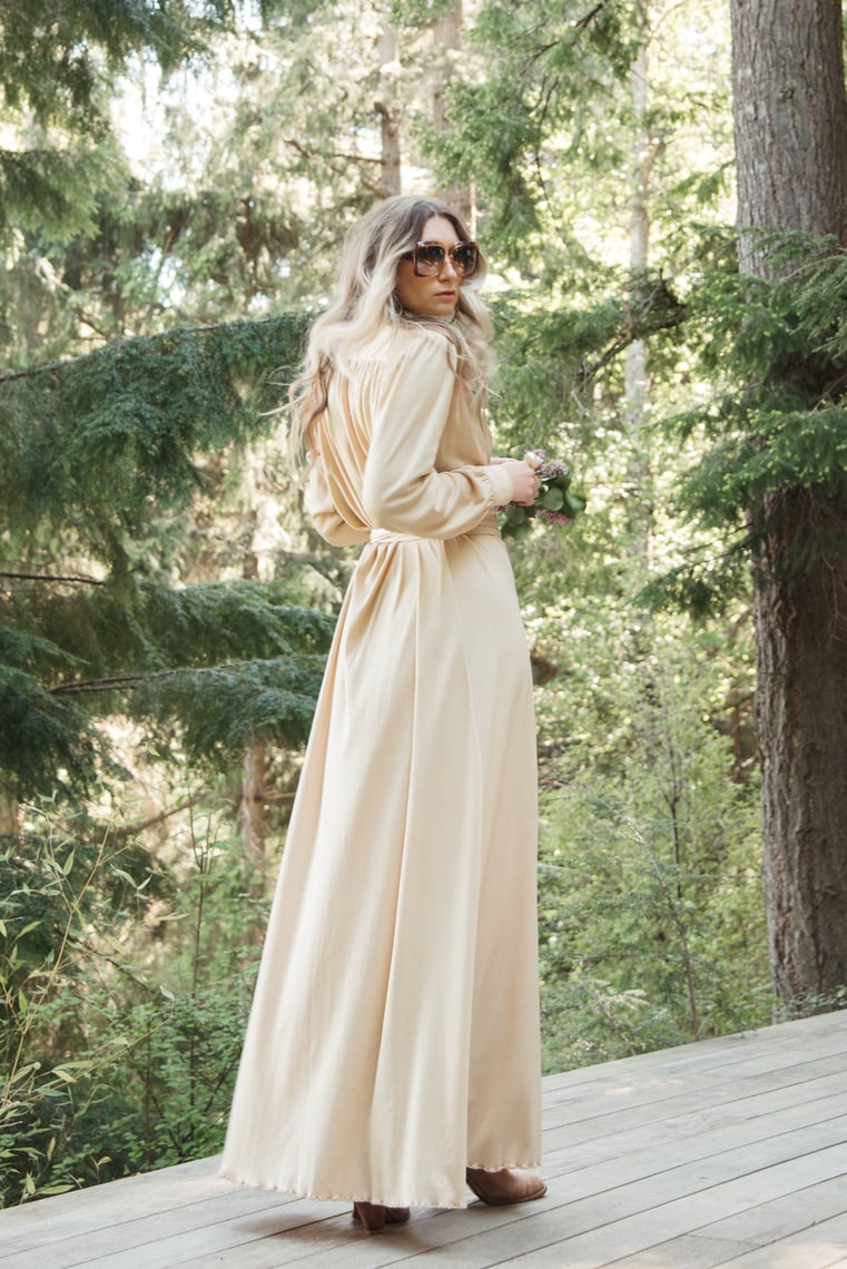 70s Vintage Joy Stevens Long Sleeve Gold Evening Dress | 1970's | Surf ...