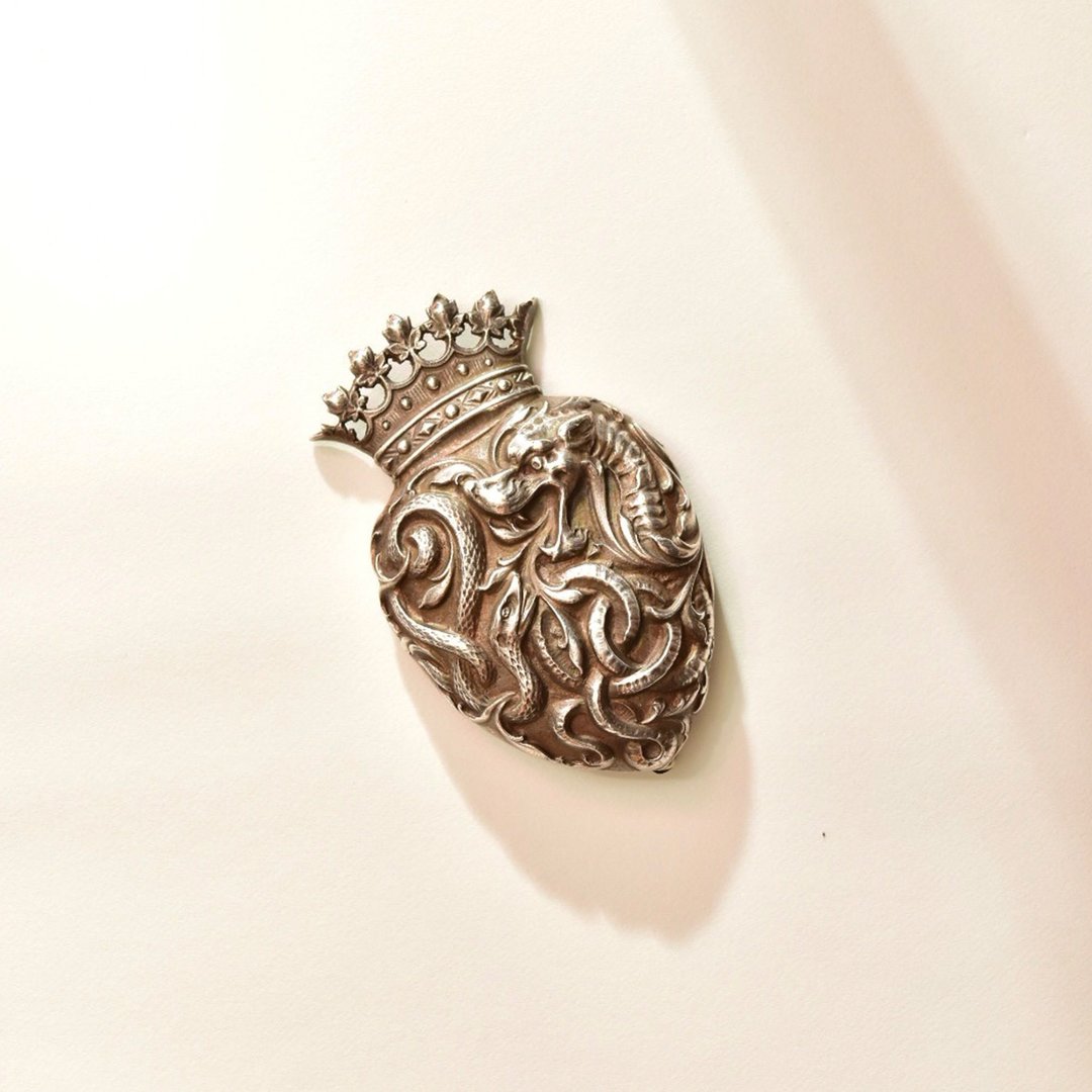 Sterling Silver Heraldic Shield Brooch Pin, Crown Crest, Serpent Dragon ...
