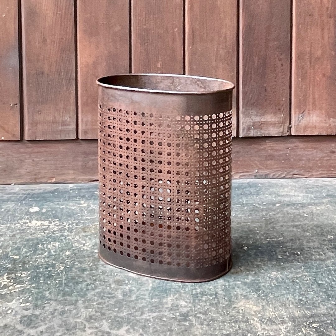 Mid-Century Metal Perforated Trash Can Pattern Faux Rattan Vintage ...