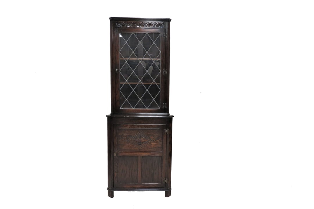 Vintage Wooden Cabinet | English Carved Oak Corner Cabinet With Leaded ...
