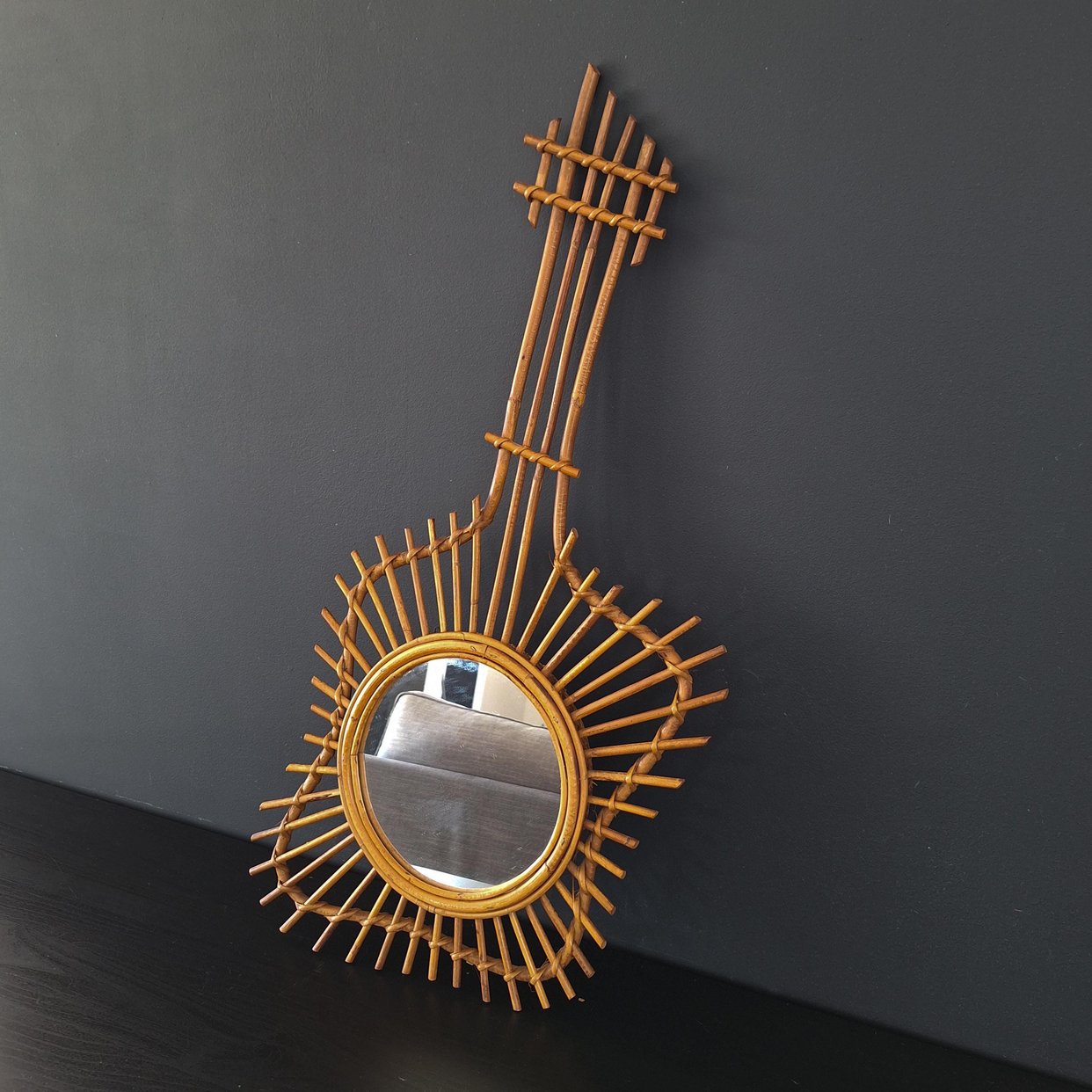 Vintage French Rattan Guitar-Shaped Mirror, Mid-Century Boho Wall ...