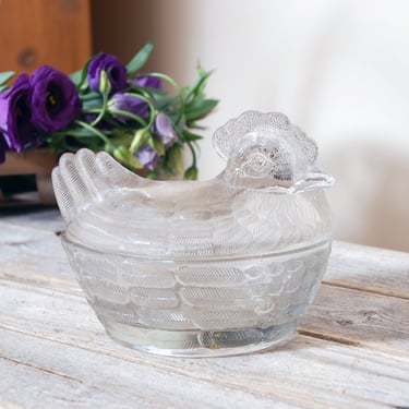 Vintage glass nesting hen / vintage large clear glass hen on ...