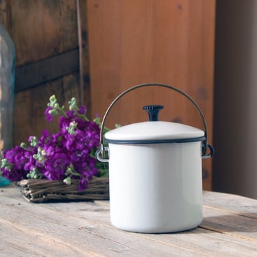 Antique enamelware kitchen pail / vintage white enamel canister ...