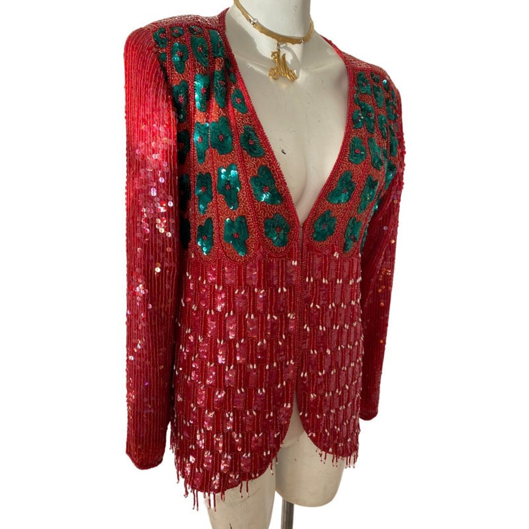 Vintage sequin duster, red and green sequin duster, red holiday ...
