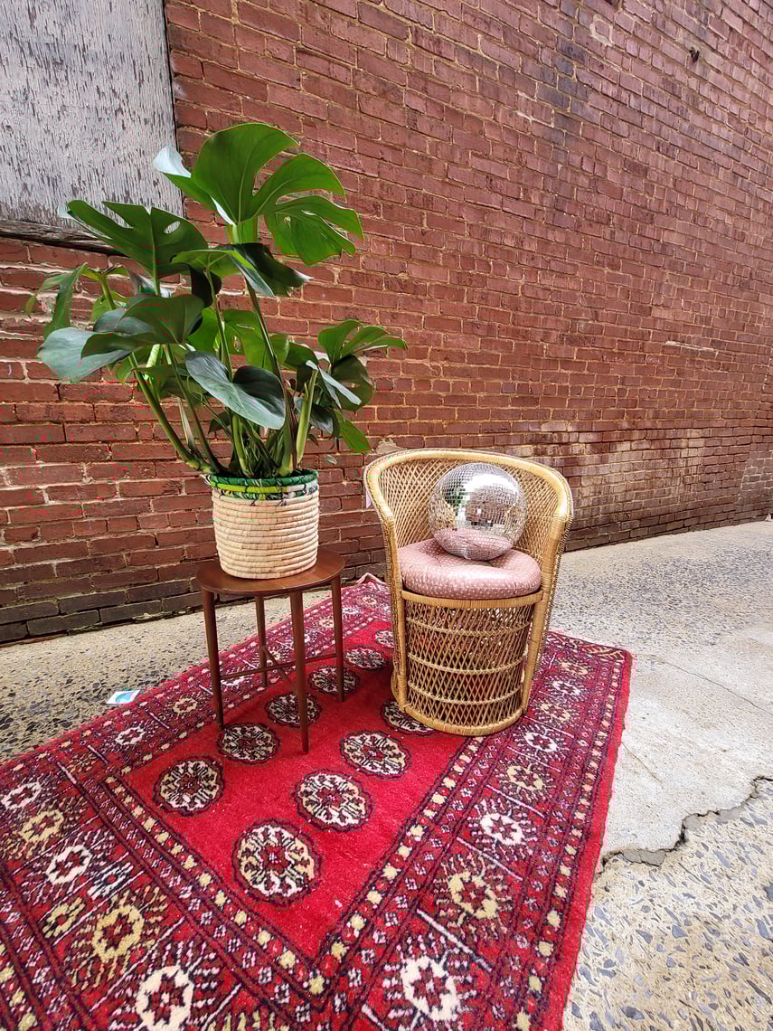 Boho Rattan Princess Chair with Pink Cushion | Vintage MC | Frederick, MD