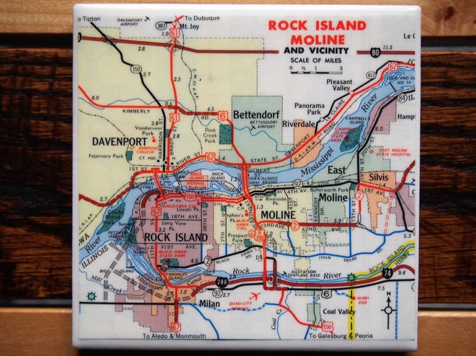 1967 Rock Island Illinois Moline Map Coaster. Davenport Iowa Map ...
