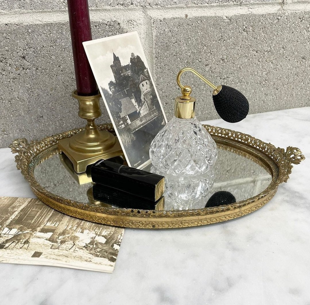 Vintage Mirrored Tray Retro 1980s Hollywood Regency + Gold Metal ...