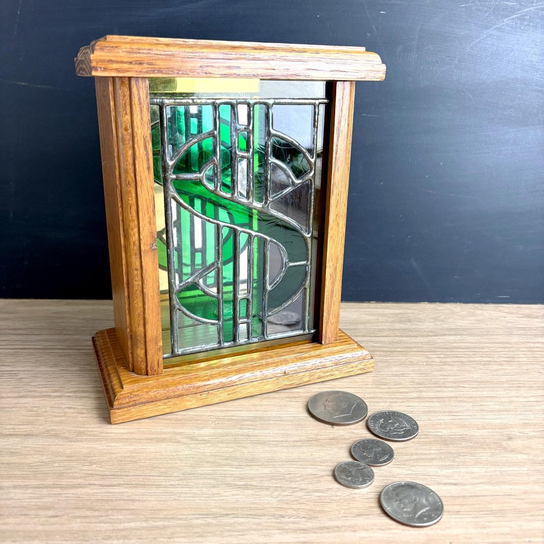 Wood and stained glass money box bank - dollar sign | NextStage Vintage ...