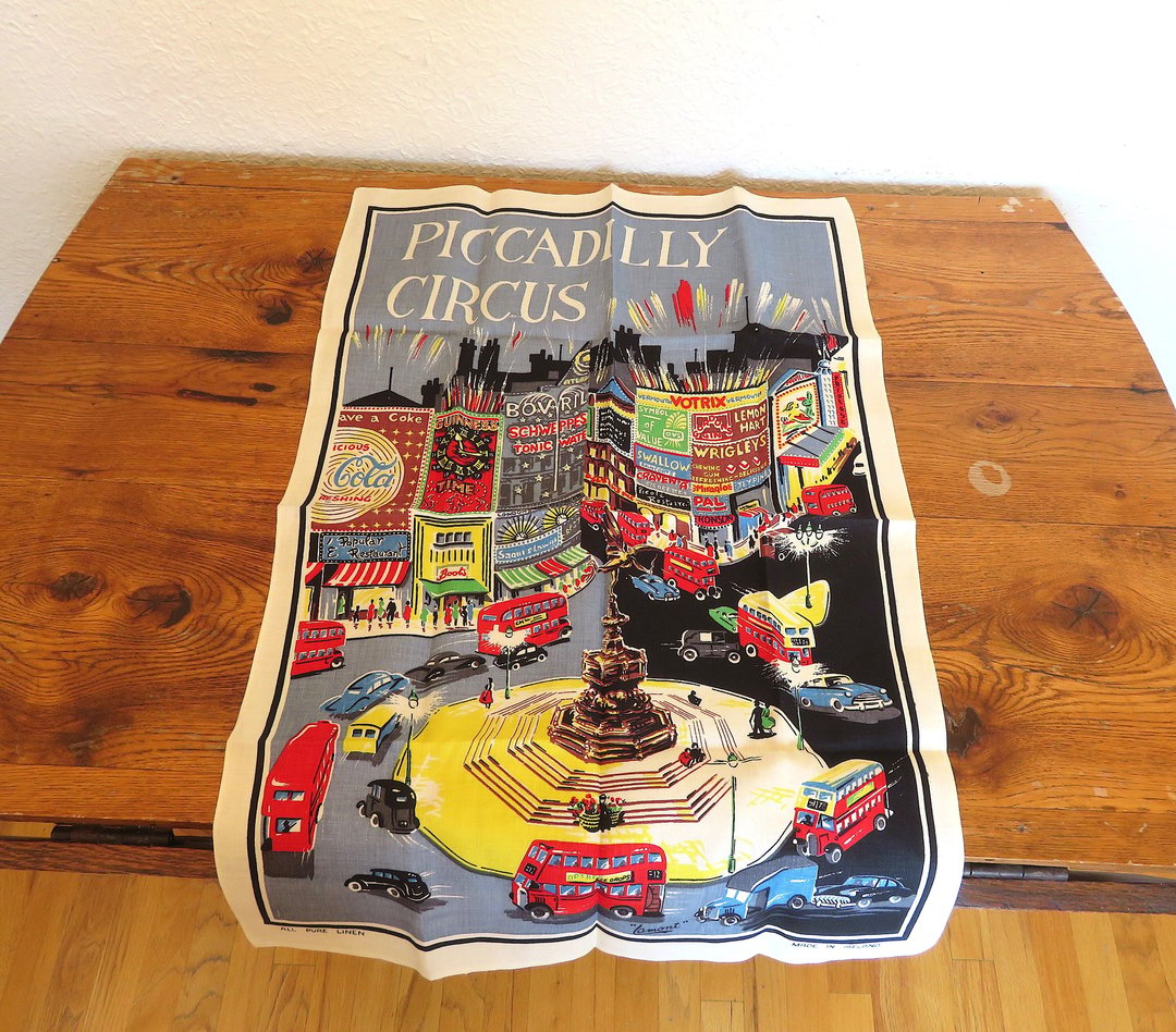 Vintage Piccadilly Circus London Linen Tea Towel 1950's Souvenir ...