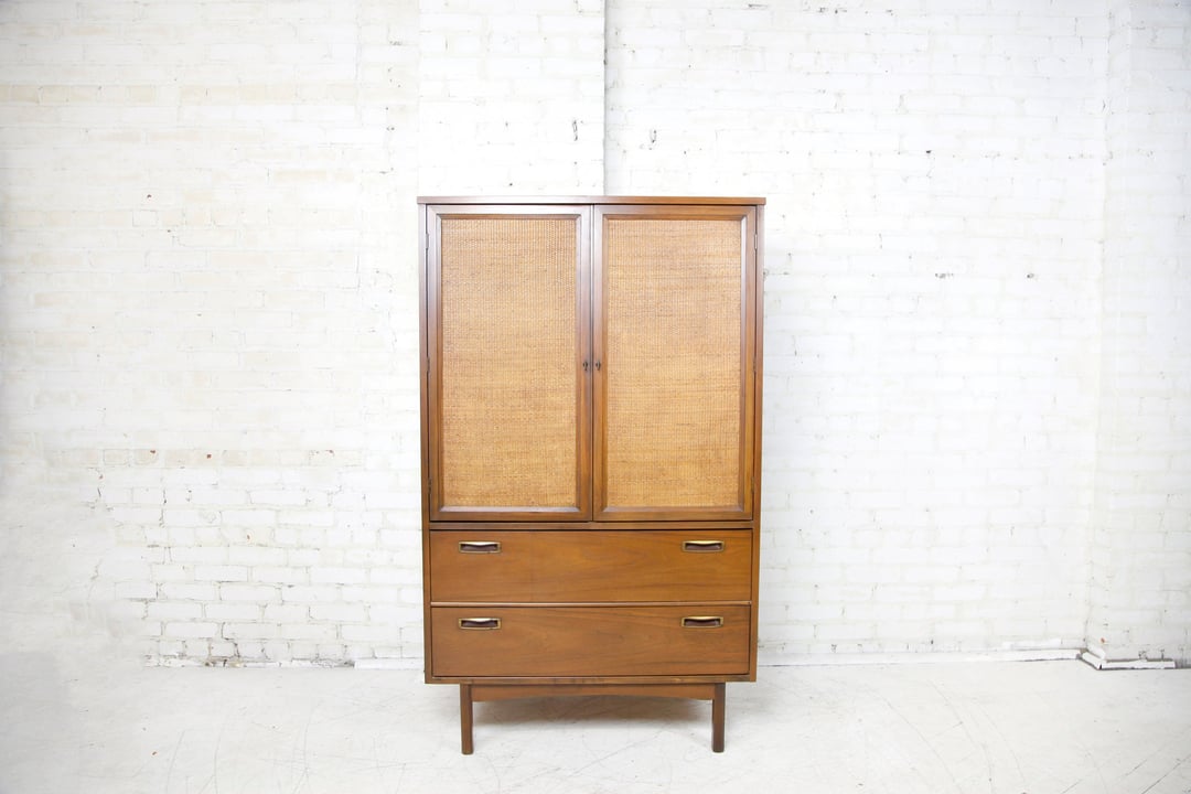 Vintage MCM tallboy dresser / wardrobe with caned doors and formica ...