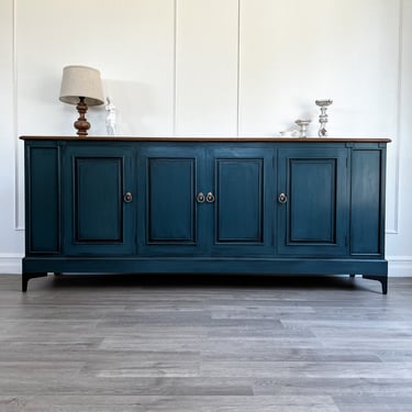 Gorgeous refinished blue and black glazed buffet credenza sideboard tv Reloved Furniture Store Portland OR
