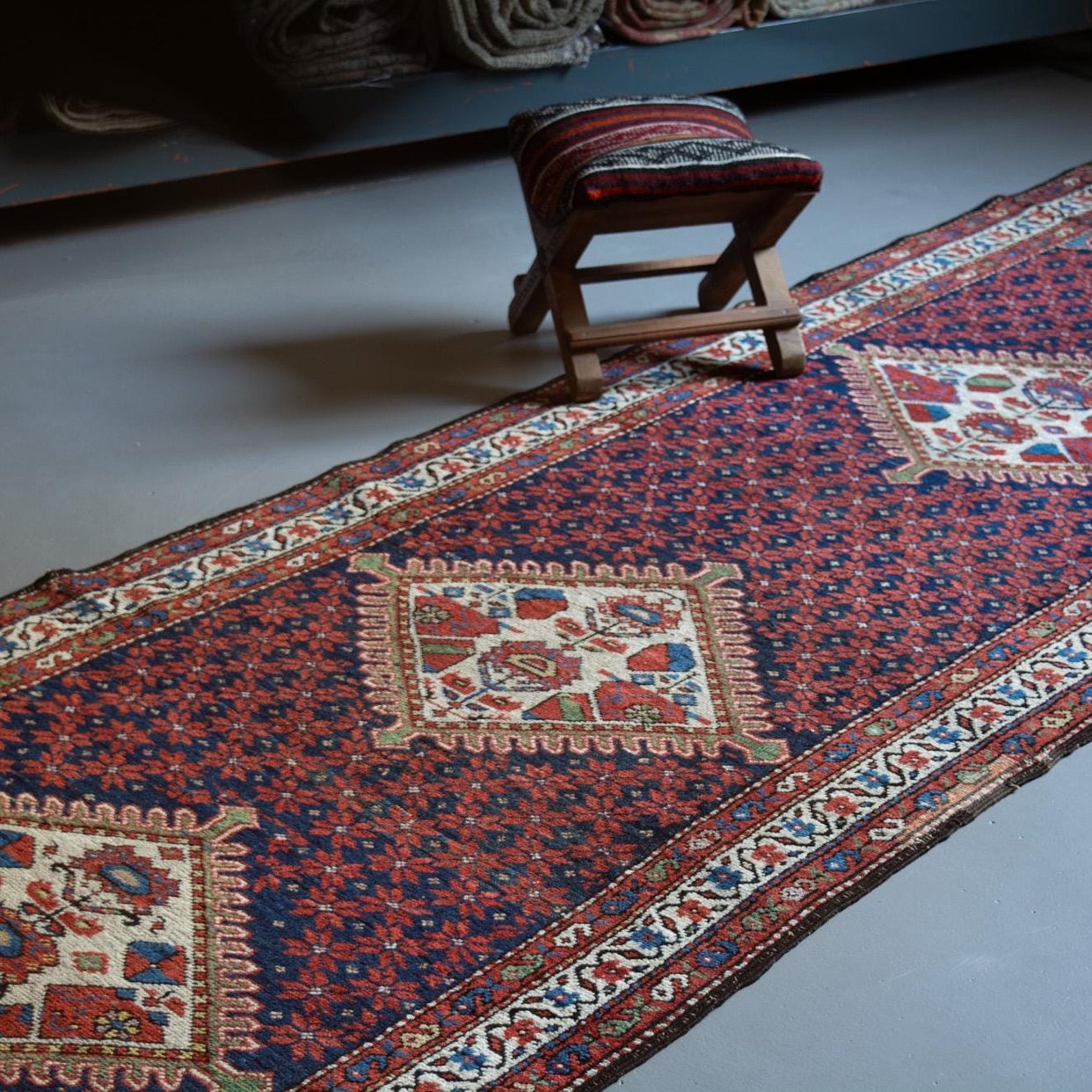 Antique 3’7” x 11’10” Botanical Figural Medallion Red Blue Beige ...