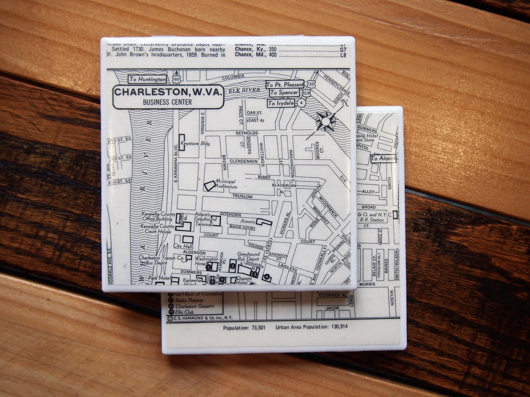 1956 Charleston West Virginia Map Coaster Set of 2. Vintage Map ...