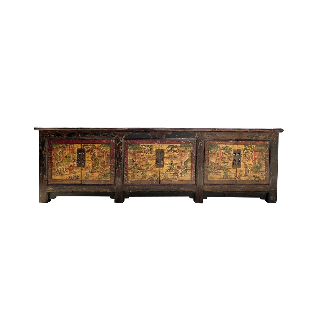 Vintage Chinese Distressed Restored Scenery Graphic Credenza Console ...