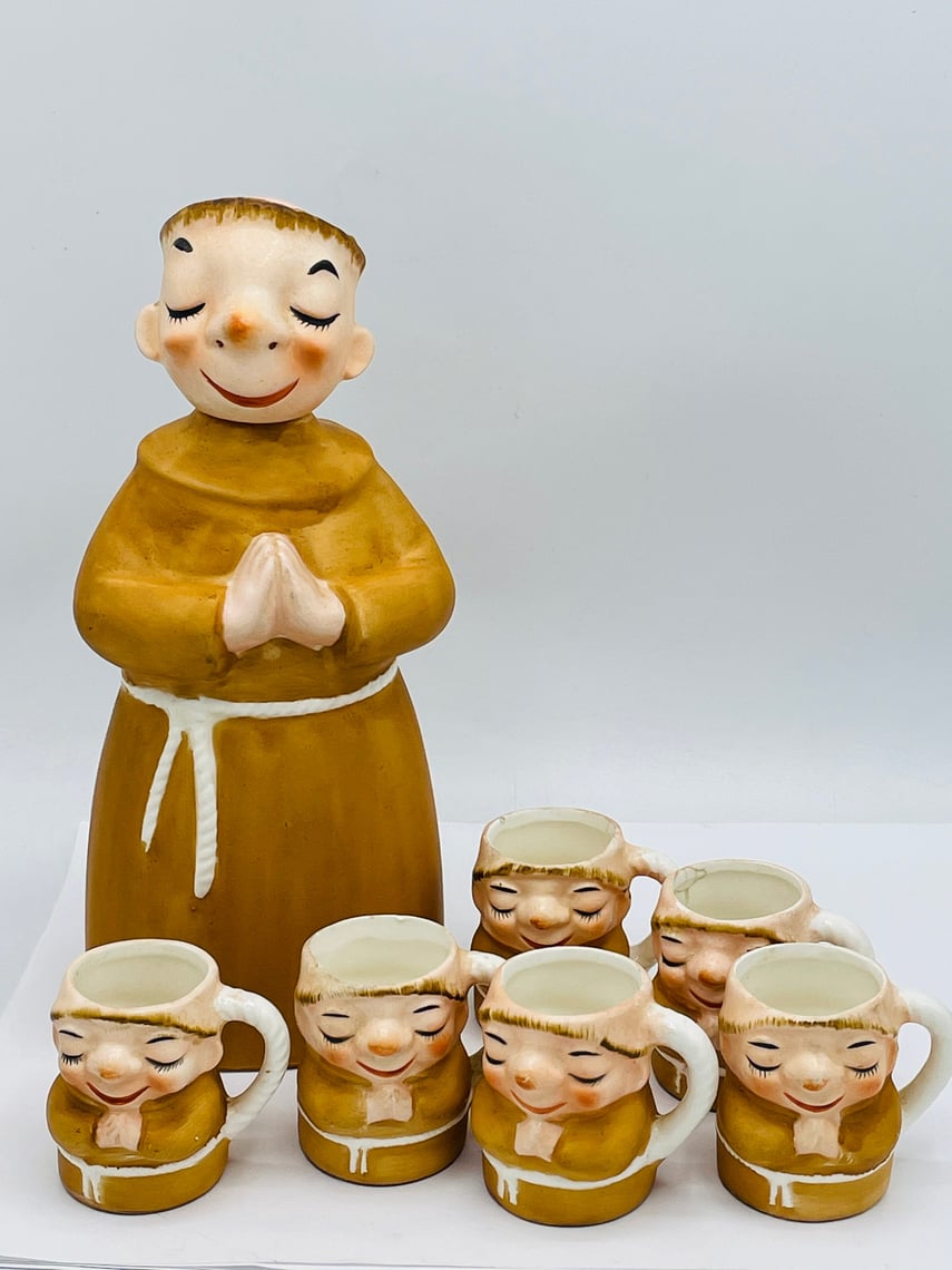 Vintage Lefton Whimsical Praying Friar Tuck Monk Decanter & 6 Cups ...