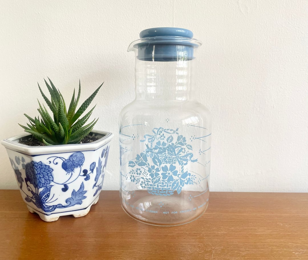Vintage Pyrex Blue Basket with Flowers Print Carafe Pitcher with ...