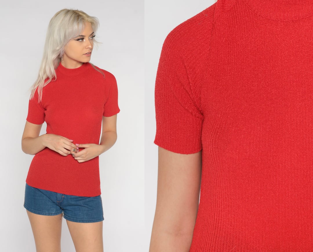 Red Knit Shirt 70s Sweater Top Retro Boho Mock Neck | Shop Exile ...