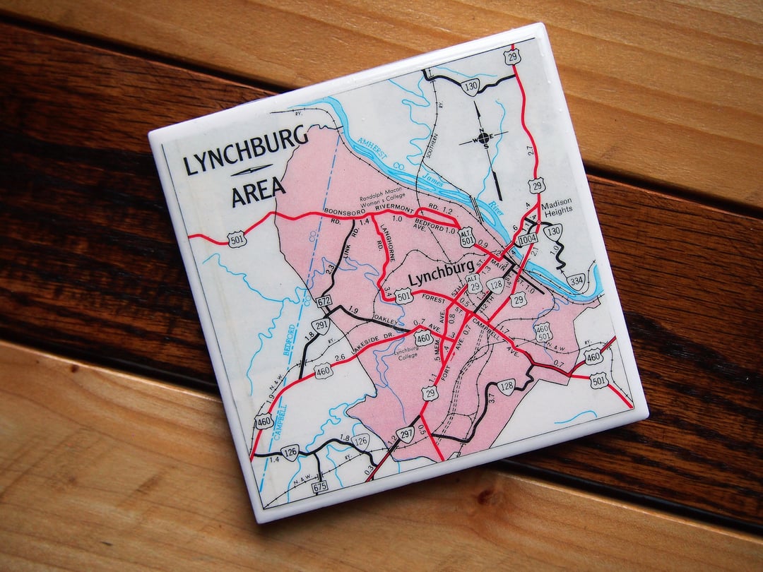 1959 Lynchburg Virginia Map Coaster. Lynchburg Map Gift. Virginia ...