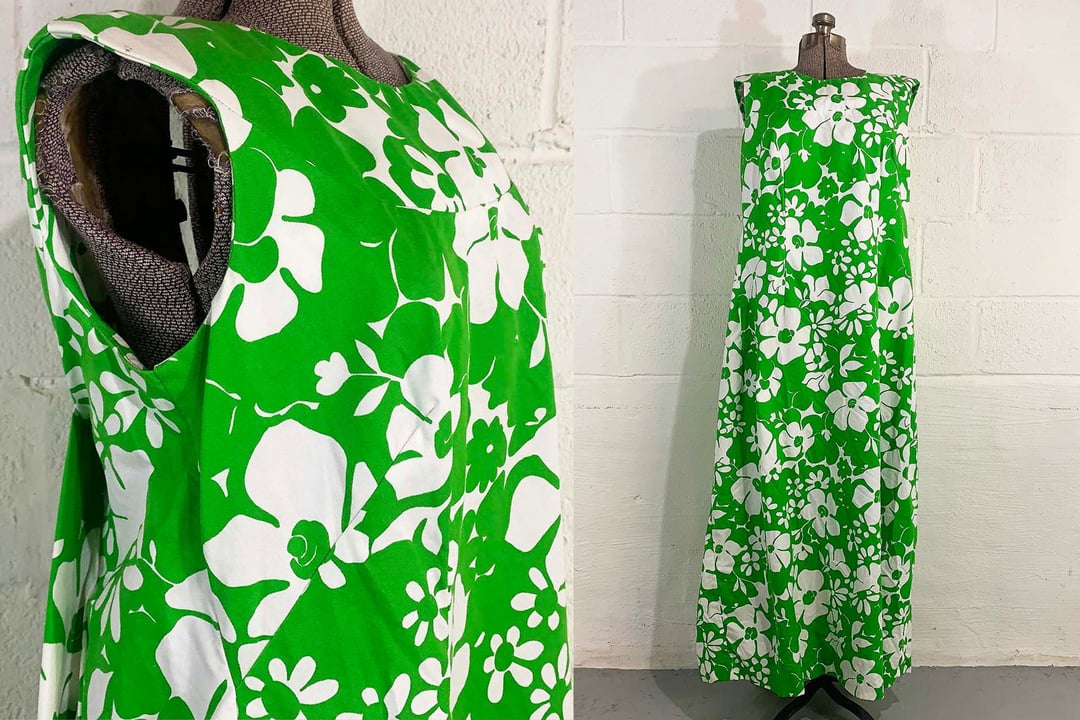 Vintage Pua-Lani Hawaiian Dress Green Hibiscus Tiki Floral Sleeveless ...