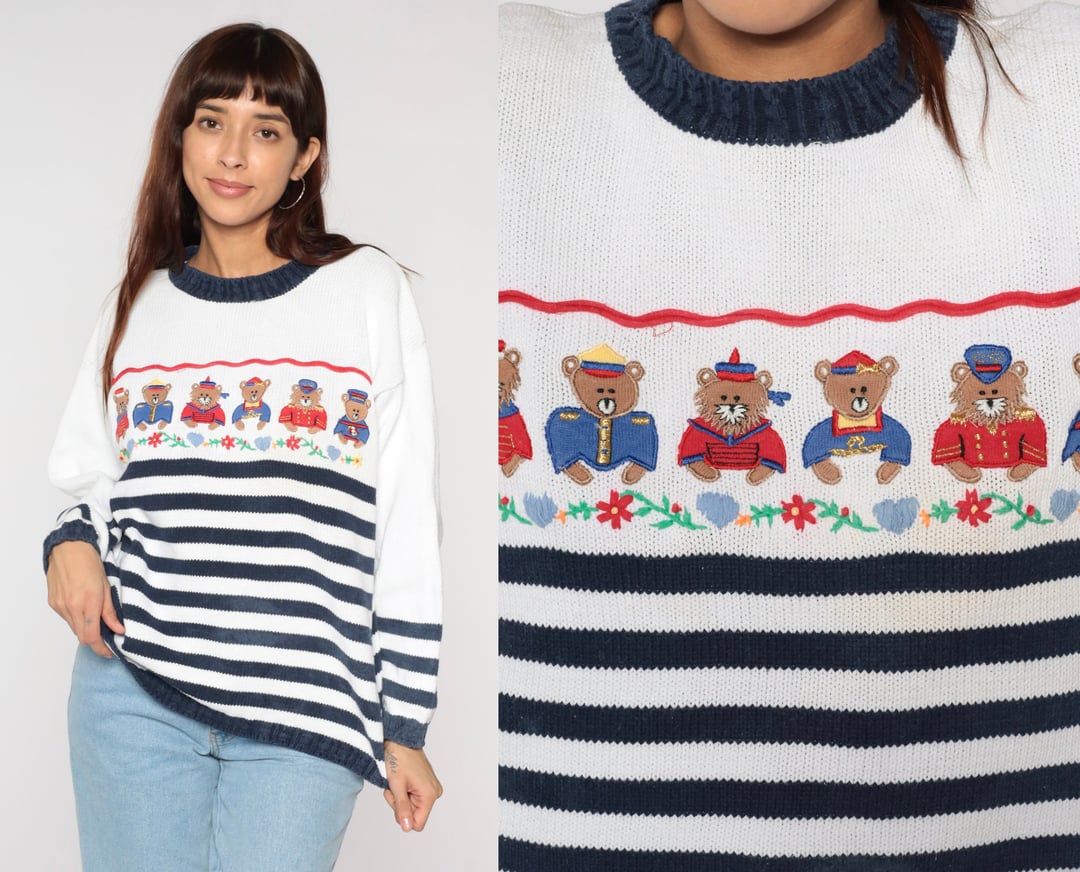 Teddy Bear Sweater 90s White Striped Embroidered Knit Sweater Floral ...