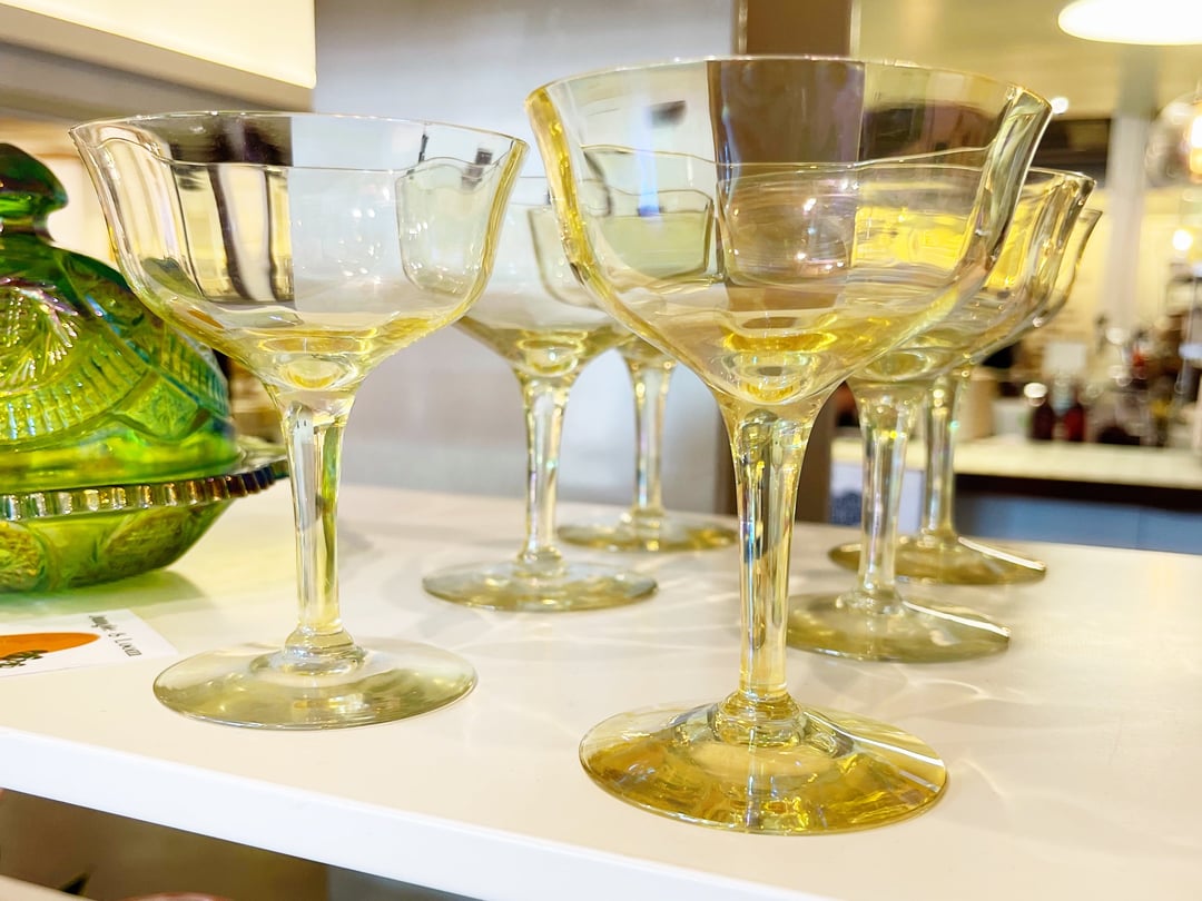 Vintage Yellow Iridescent Champagne Coup Glass Set | Jungle and Loom ...