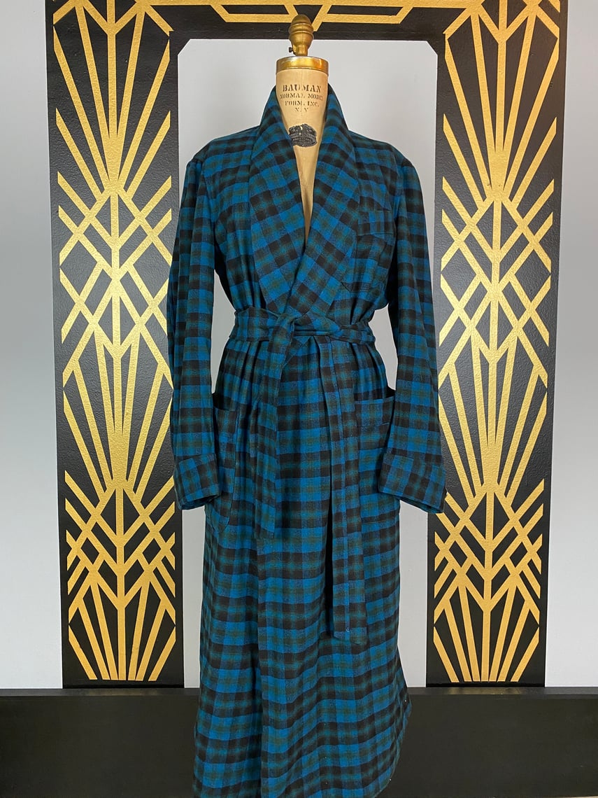 1950s wool robe, Pendleton, vintage housecoat, smoking jacket, blue and ...