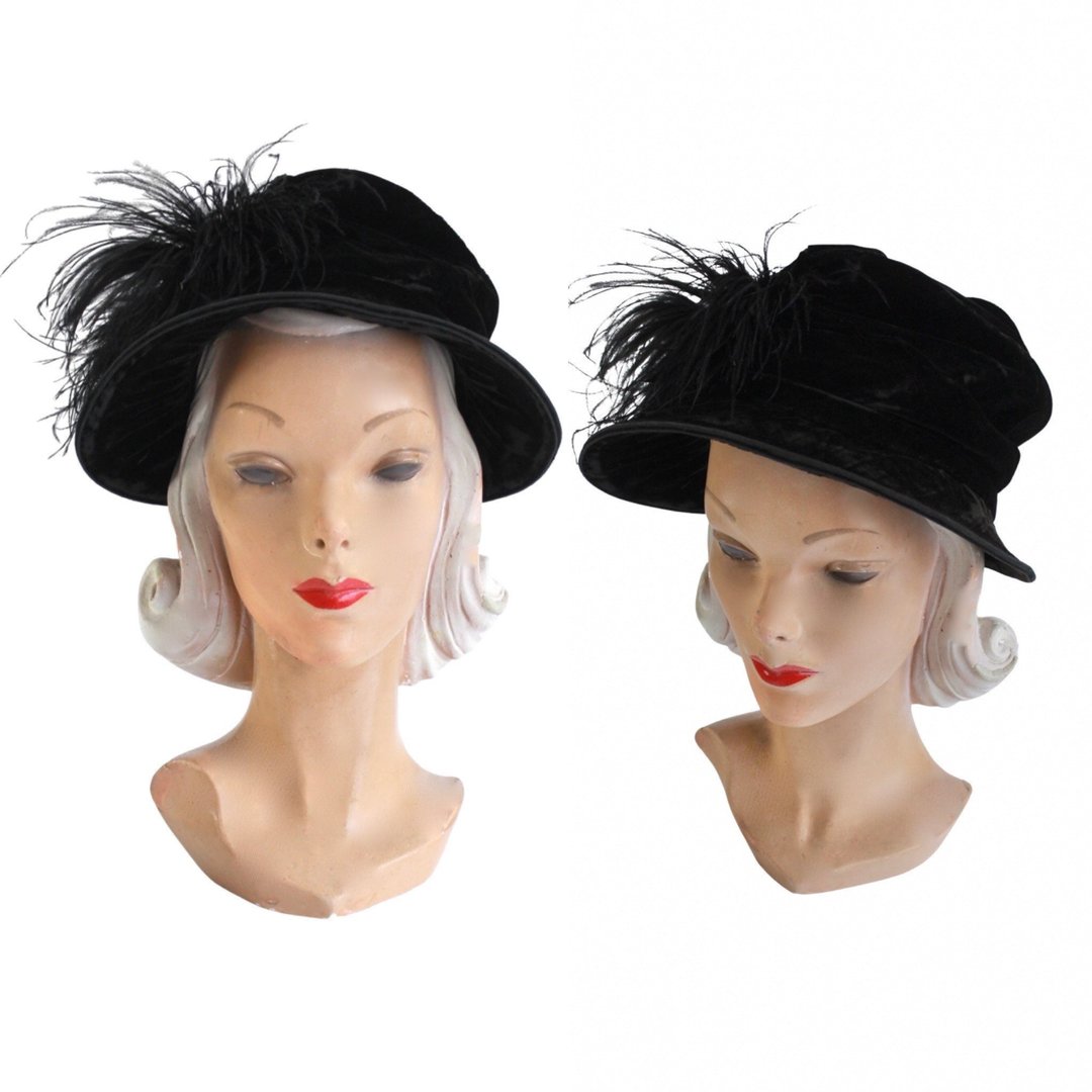 1910s / 1920s Black Silk Velvet Cloche - 1920s Feather Cloche ...