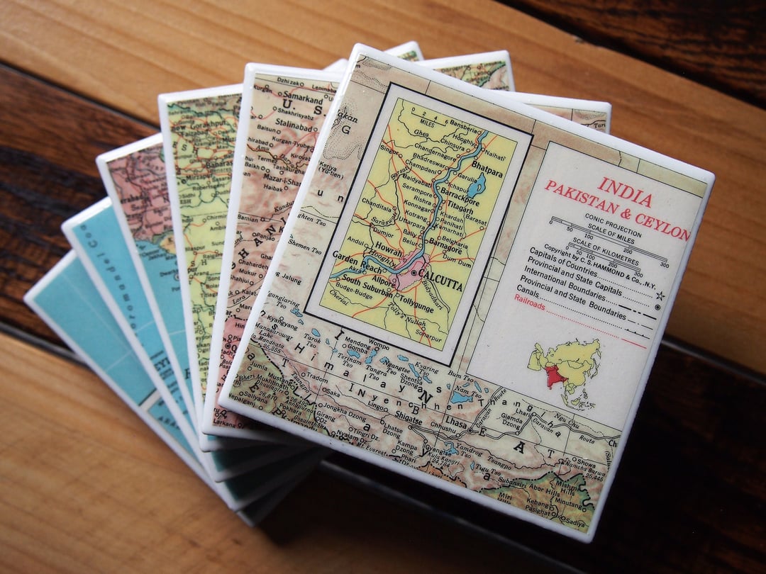 1956 India Ceylon Pakistan Vintage Map Coaster Set of 6. India Map ...