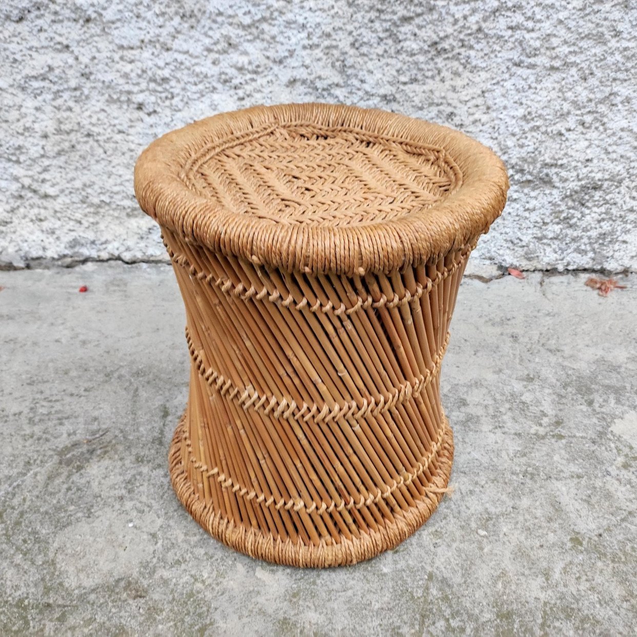 Vintage Round Bamboo Stool/ Retro Woven Taburette/ Vintage | Leaves In ...