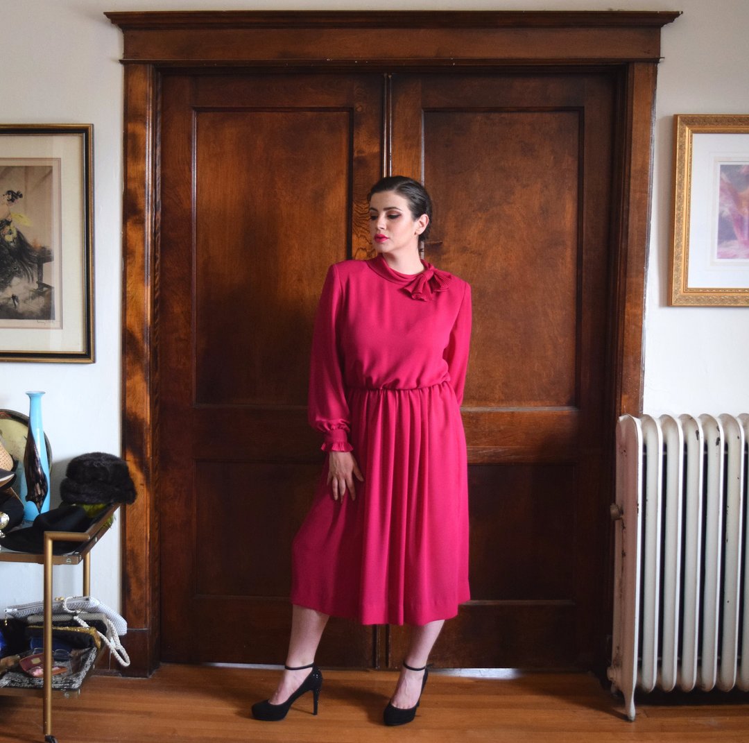 Berry Pink Dress | 80s Dress with Sleeves | Size Large Dress | Queen ...